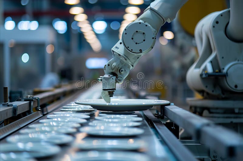 Precision Robot Arm Coating Plates with Glaze in an Industrial ...