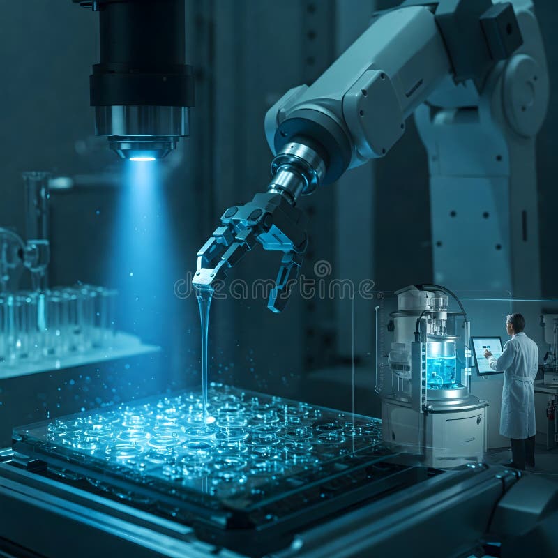 Precision Robot Arm Dispensing Liquid Sample in a Blue Illuminated ...