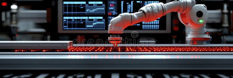 Precision Robot Arm Operating in a Red-lit Factory Stock Illustration ...