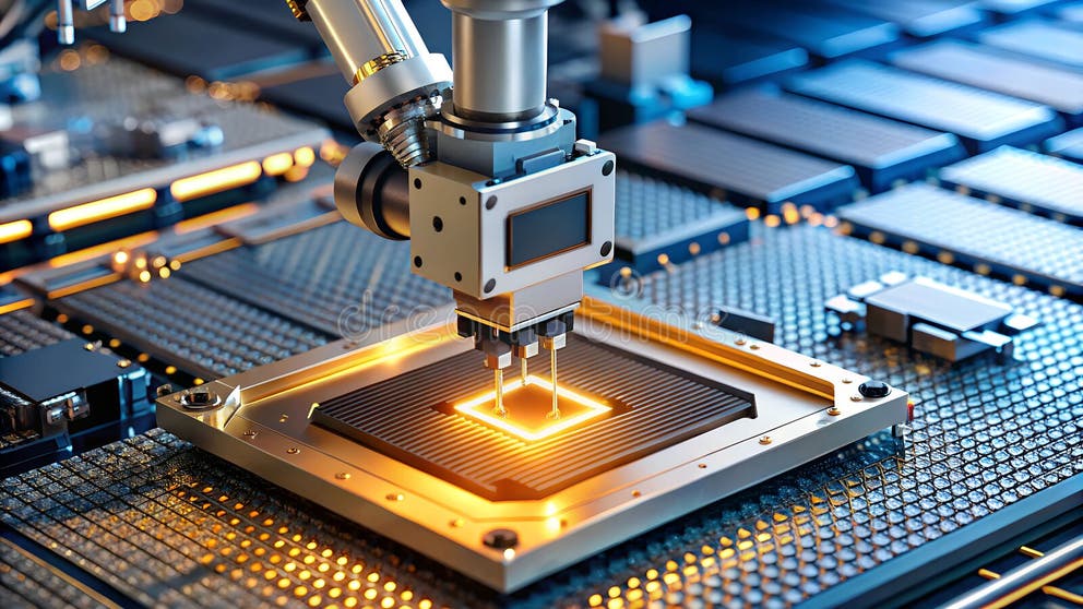 Precision Robotic Arm Assembling a Microchip - High-Tech Electronics Manufacturing Stock ...