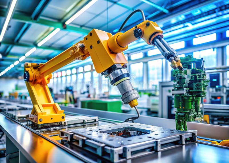 Precision Robotic Arm Installs Components on Circuit Board in Modern ...