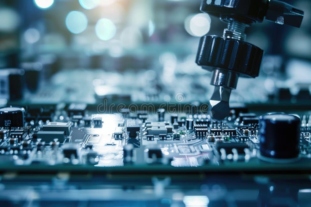 Precision Robotic Arm Working on an Electronic Circuit Board, High-tech ...