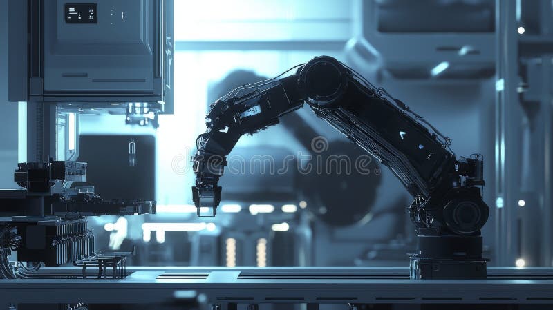 Precision Robotic Arm Working in Modern Tech Factory Stock Illustration ...
