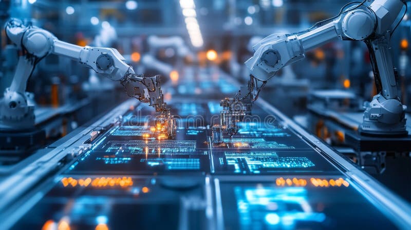 Precision Robotic Arms Assembling Components in Modern Factory Setting ...