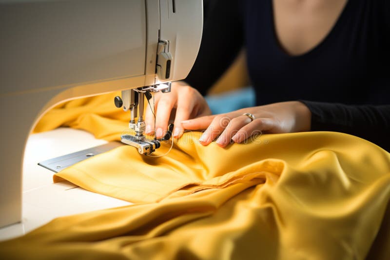 Precision Sewing Process Captured As Female Hands Work on Yellow Fabric ...