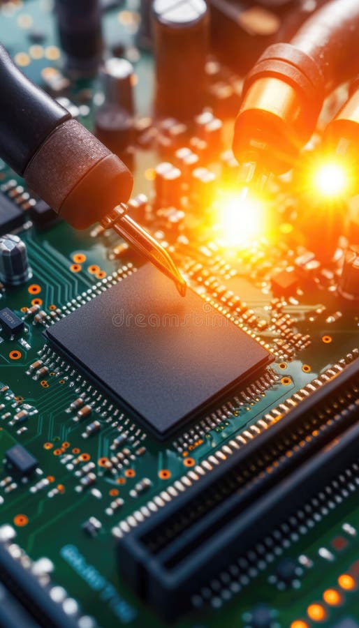 Precision Soldering on a Circuit Board with Glowing Lights in a ...