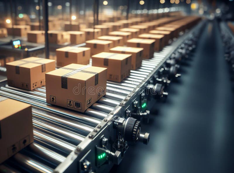 Precision-Sorted Packages on Industrial Conveyor Stock Illustration ...