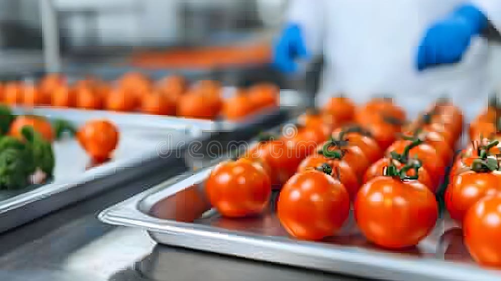 Precision Sorting, Gleaming Trays Filled with Vibrant Tomatoes in a Pristine Food Processing ...