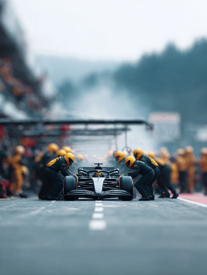 Precision Teamwork. a Sleek Racing Car is Pushed by a Focused Pit Crew ...