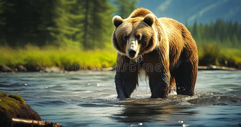 Predator in Action Brown Bear Hunting for Salmon Stock Illustration ...