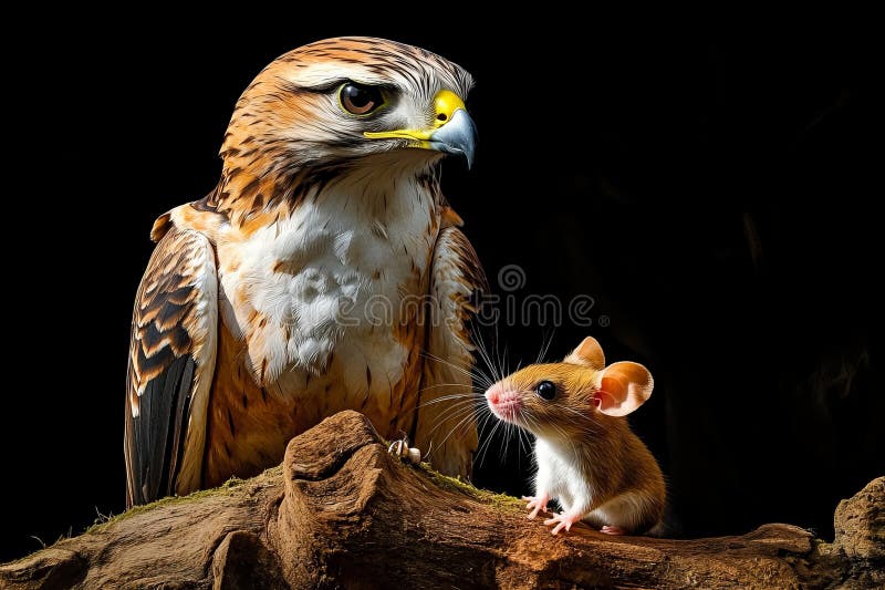 Predator and Prey Majestic Hawk Perched on Branch Side-Eyes a Tiny ...