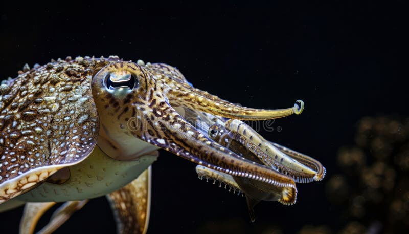 The Predatory Feast: Cuttlefish Devouring Fish in Black Isolation (AR 7 ...
