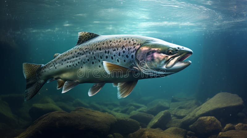 Predatory Fish Beautiful Salmon Models in Crystal Clear Water. Neural ...