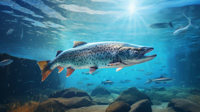 Predatory Fish Beautiful Salmon Models in Crystal Clear Water. Neural ...