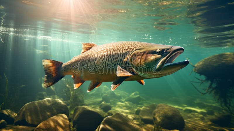 Predatory Fish Beautiful Salmon Models in Crystal Clear Water. Neural ...
