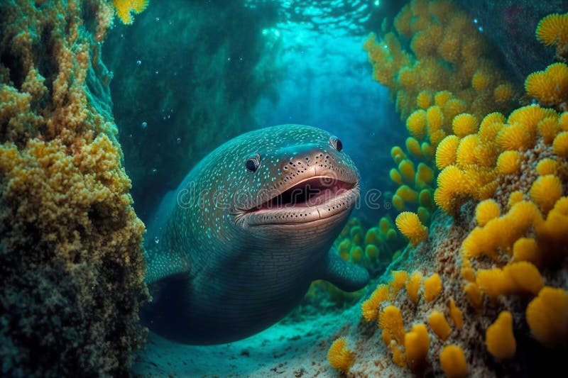Predatory Moray Eel that Has Opened Its Mouth Floats through Underwater ...