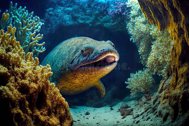 Predatory Moray Eel that Has Opened Its Mouth Floats through Underwater ...