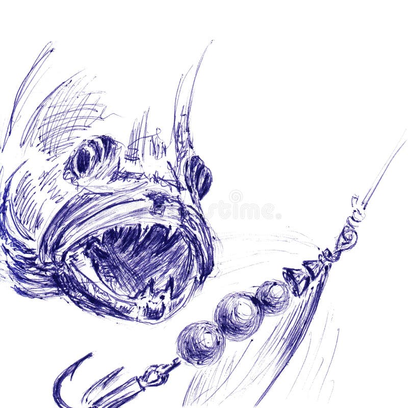 Predatory Perch Fish Attacks a Lure . Hand Drawn Sketch with Ballpoint ...