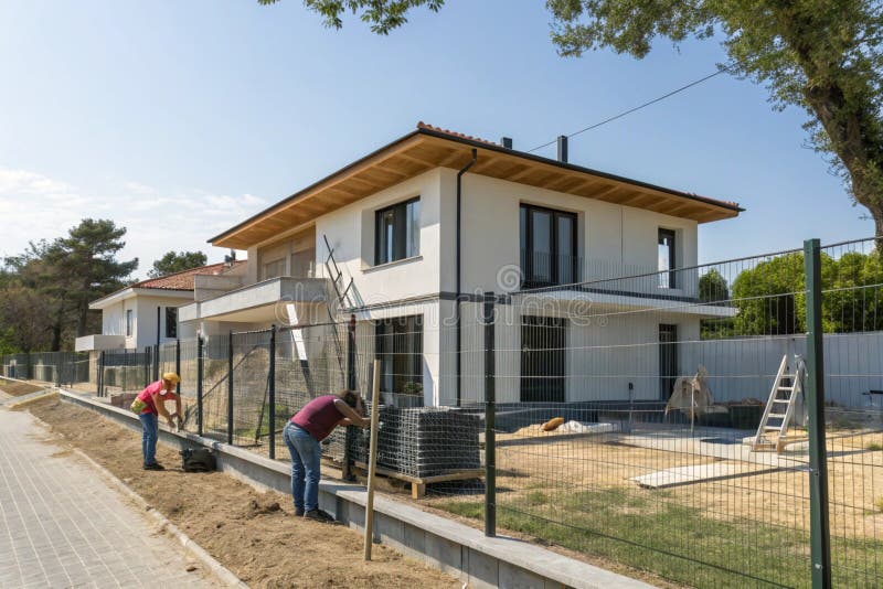 Prefab Villa Under Construction with Fence Installation Stock ...
