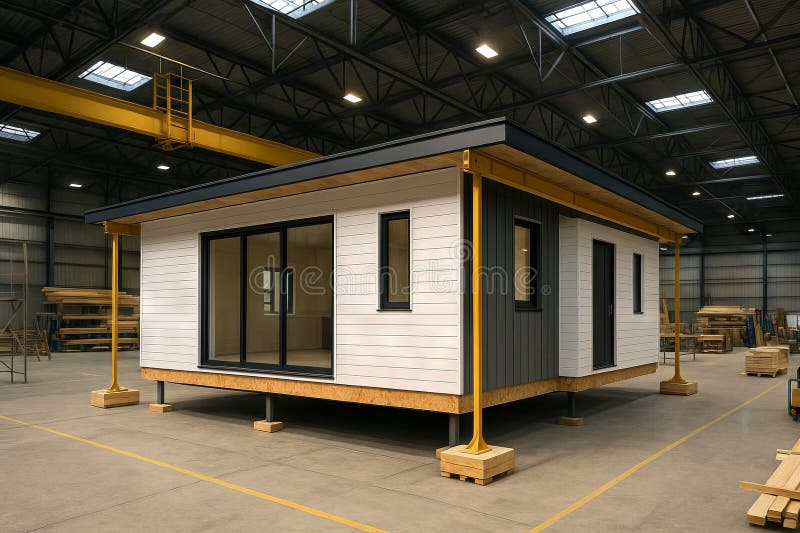 Prefabricated Home Assembly in Industrial Warehouse Showcasing Modern ...