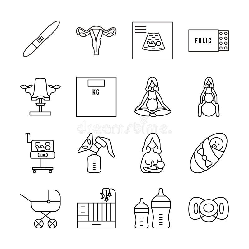 Pregnancy and Childbirth Line Vector Icon Set. Group of Objects about ...