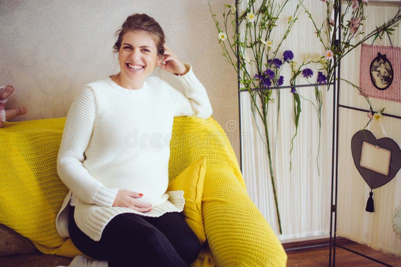 Pregnant Woman on the Couch Stock Image - Image of expectant, maternity ...