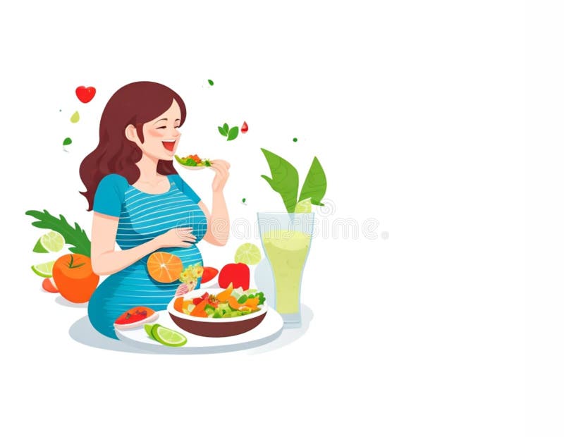 Pregnant Woman Eating Healthy Food Fruits Cartoon Style Stock