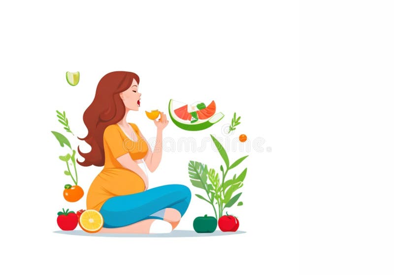 Pregnant Woman Eating Healthy Food Fruits Cartoon Style Stock