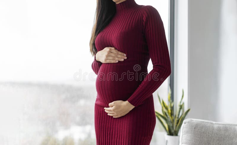 Pregnant Woman Profile Holding Her Belly In Red Dress Beautiful Model