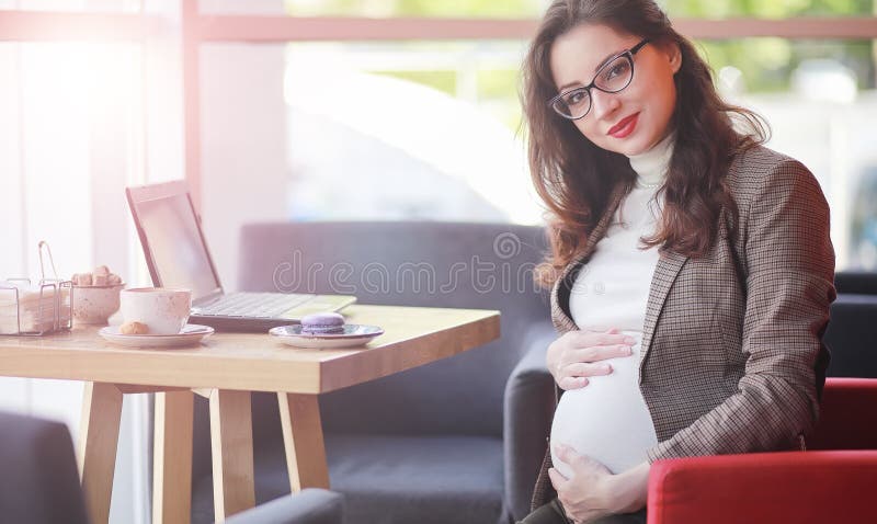 Pregnant Woman Working on Computer in Cafe Stock Photo - Image of care ...