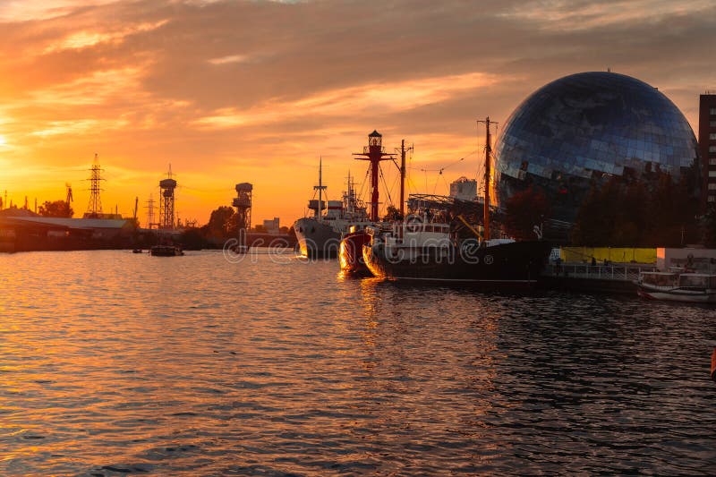 Pregolya River and Ships in Kaliningrad at Sunset. Russia Stock Photo ...