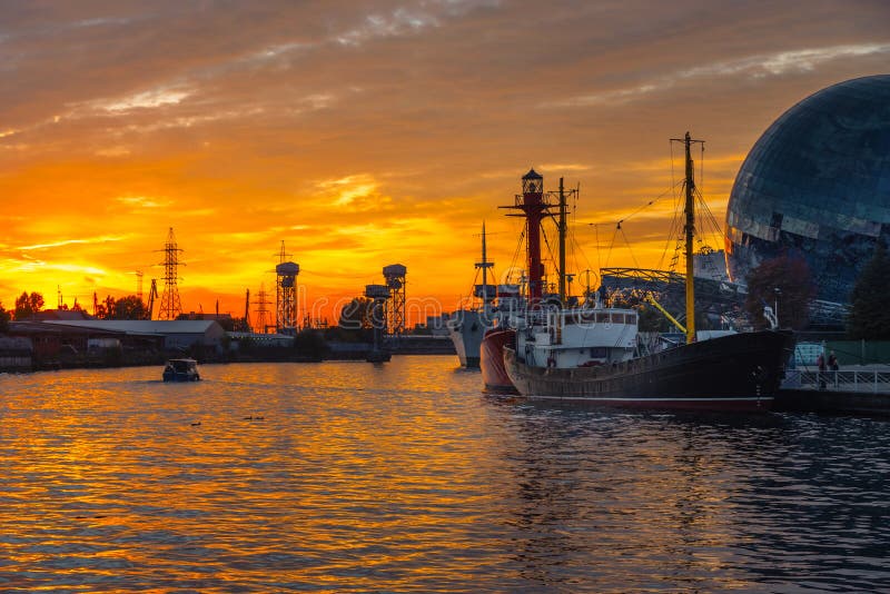Pregolya River and Ships in Kaliningrad at Sunset. Russia Stock Image ...