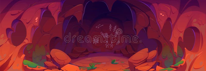 Prehistoric Cave with Caveman Painting on Walls. Stock Illustration ...