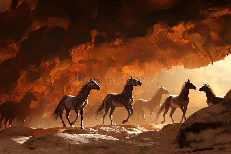 Prehistoric Cave Paintings of Wild and Ancient Hor Stock Illustration ...