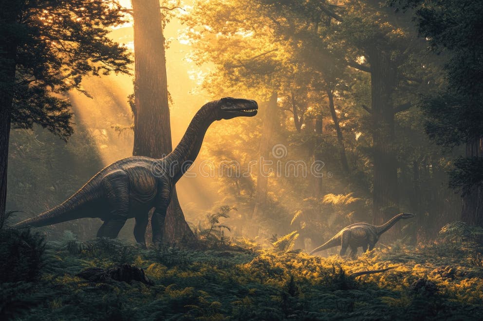 Prehistoric Creatures Roaming through a Lush Forest Landscape Stock ...