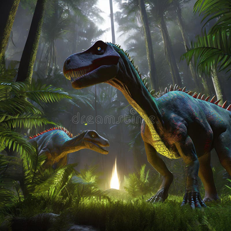 Prehistoric Dinosaurs in the Forest Stock Illustration - Illustration ...