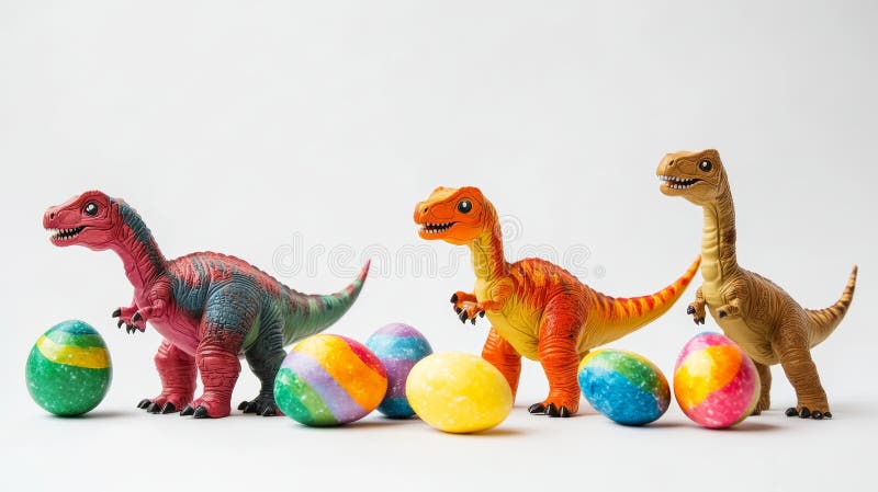 Prehistoric Easter Vibrant Dinosaurs and Decorated Eggs in a Festive ...