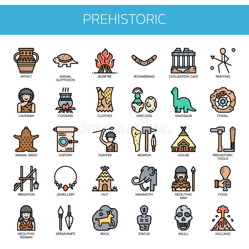 Prehistoric Elements Outline Icons Set Stock Vector - Illustration of ...