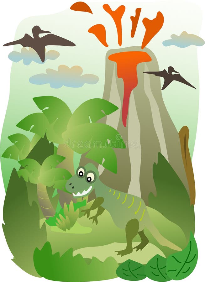 Prehistoric Forest with T-Rex and Volcano Stock Vector - Illustration ...