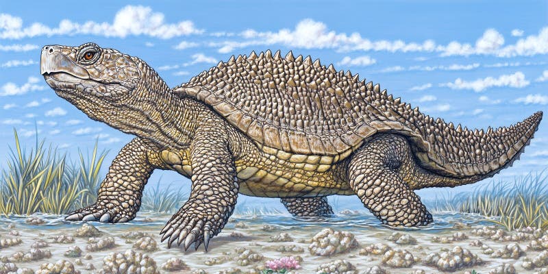 Prehistoric Giant Turtle Walking in Shallow Water Under a Blue Sky ...