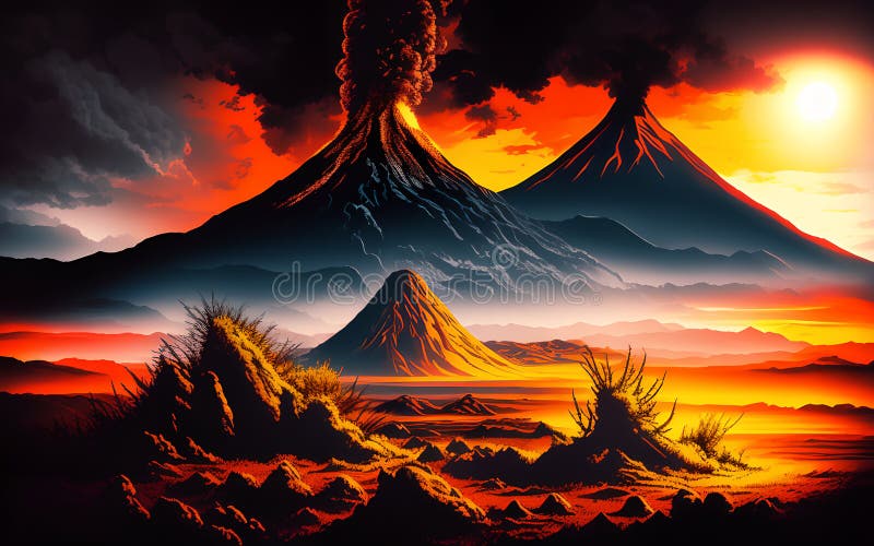 Prehistoric Landscape with Volcano at Sunset. Generative Al ...