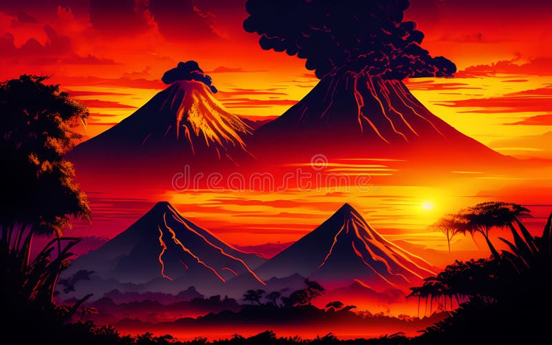 Prehistoric Landscape with Volcano at Sunset. Generative Al ...