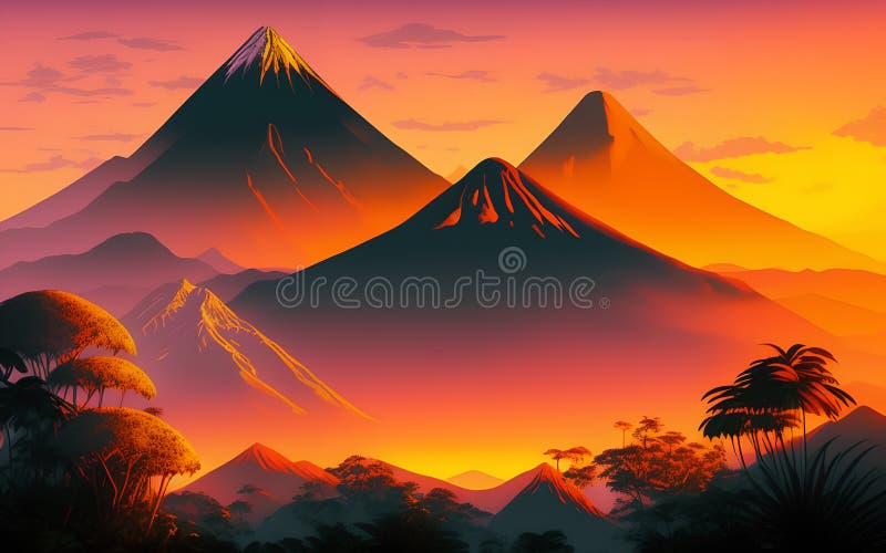 Prehistoric Landscape with Volcano at Sunset. Generative Al ...