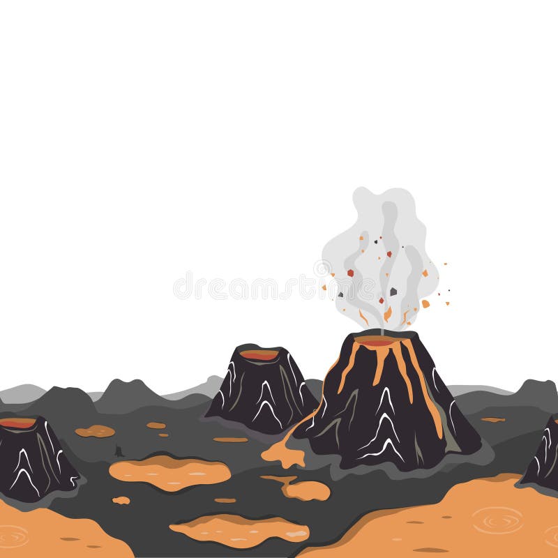 Prehistoric Landscape with Volcanoes, Smoke, and Lava Lakes. Horizontal ...