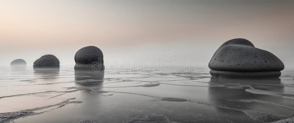 Prehistoric Magma Lake with Emerging Rock Structures Stock Photo ...