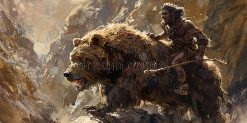 Prehistoric Man Rides a Prehistoric Cave Bear Stock Illustration ...