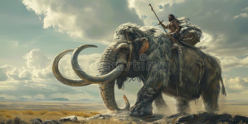 Prehistoric Man Rides a Mammoth Stock Illustration - Illustration of ...