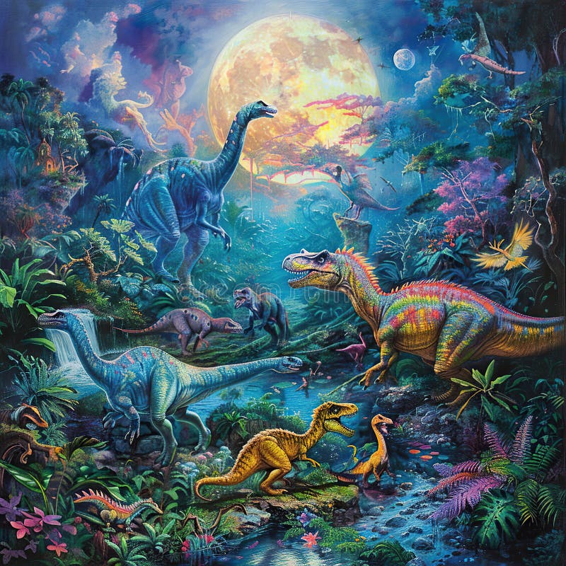Prehistoric Night Dinosaurs in Vibrant Jungle Under Moon Stock Image ...