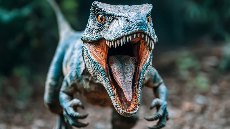 Prehistoric Predator Close-Up of a Dinosaur with Mouth Open in a Lush ...