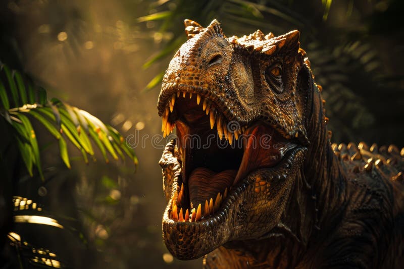 Prehistoric Predator Mighty Dinosaur Roars in Sun-Dappled Jungle ...